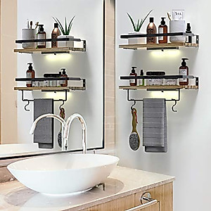 EAVA Floating Shelves, Lighted Wall Mounted Shelves,Paulownia Wood Wall Storage Shelves for Bathroom, Kitchen and Bedroom,Set of 2 with Removable Towel Holder and Hooks.