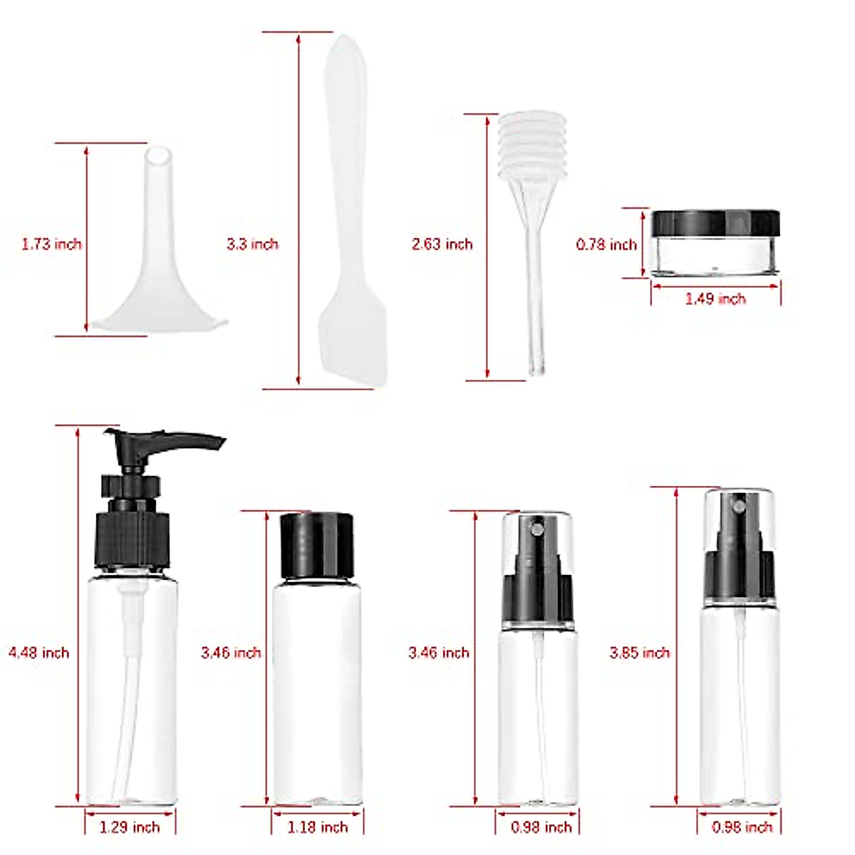 Vitog Travel Bottles Kit, TSA Approved Leak Proof Portable Toiletry Containers Set, Clear flight size PET Cosmetic Containers for Lotion, Shampoo, Cream, Soap, Set of 11 (Black+Plastic)