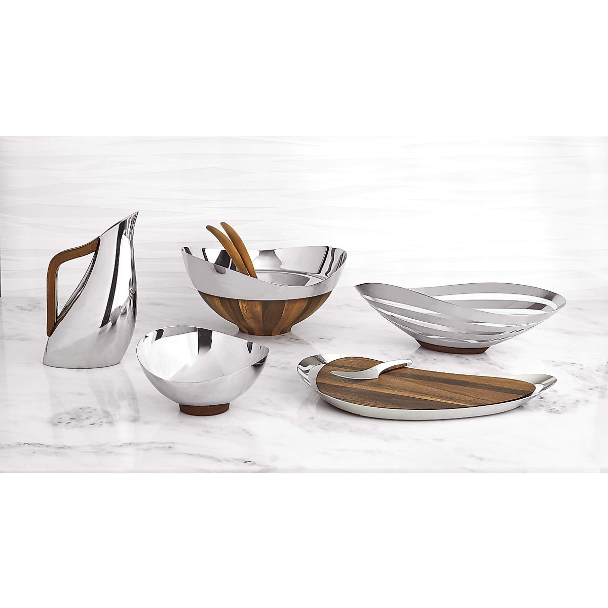 Nambe - Pulse Collection - Bread & Fruit Bowl - Measures at 16.25" x 8.5" x 5.5" - Made with Acacia Wood and Stainless Steel - Designed by Sena & Seidenfaden Design