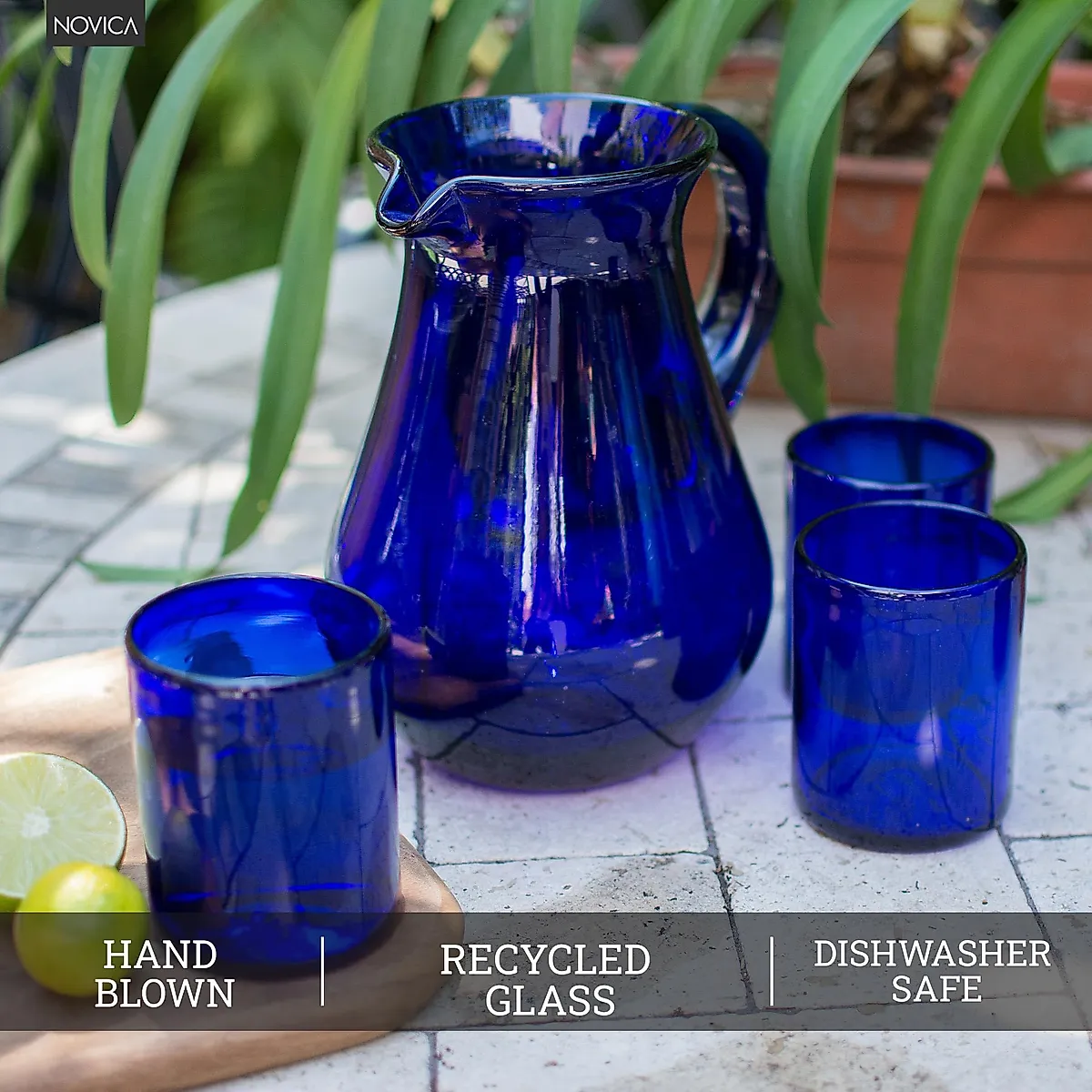 NOVICA Large Blue Hand Blown Glass Pitcher For Water, Margaritas, Lemonade, 82 Oz, 'Cobalt Charm'