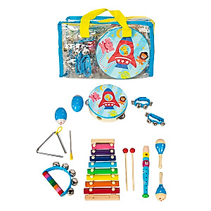 Wooden Musical Instruments Set for Toddlers 1-3, Natural Wood Percussion Instruments Xylophone Gift Set for Girls Boys Kids ,Preschool Educational Musical Toys with Storage Bag (Blue)