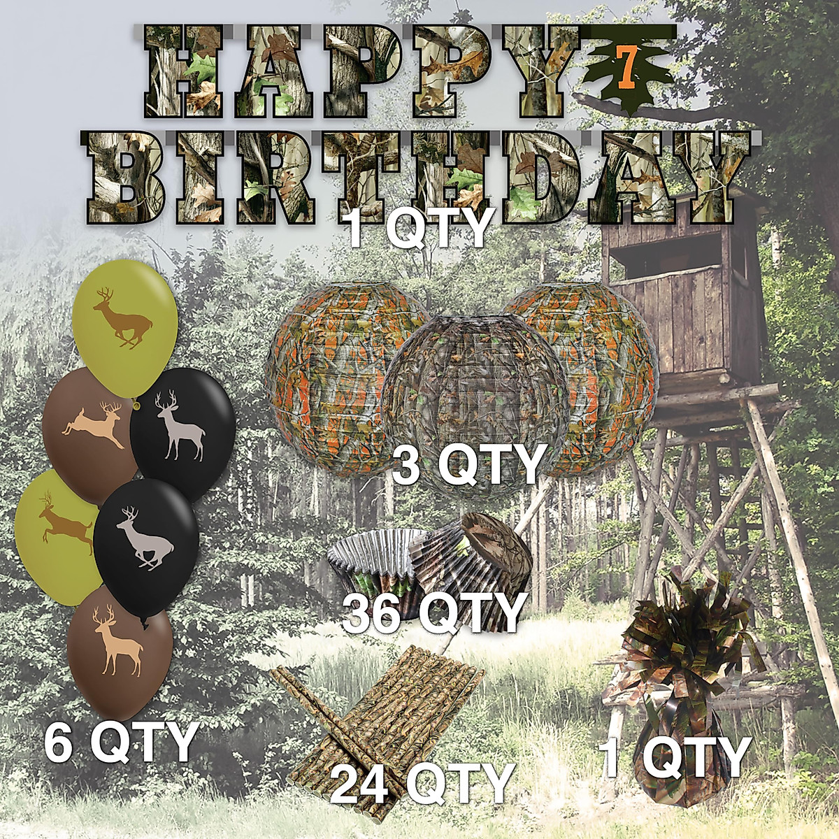Havercamp Hunting Camouflage Birthday Party Kit (Deluxe Set; 1 Camo Birthday Banner, 3 Lanterns, 36 Cupcake Foils, 6 Buck Balloons, 1 Balloon Weight & 24 Straws) Next Camo Birthday Party Decorations.