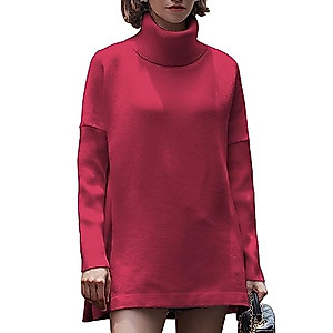 LANYO LILI Women Turtleneck Long Batwing Sleeve Spilt Hem Casual Oversized Pullover Sweater Knit Tops Burgundy