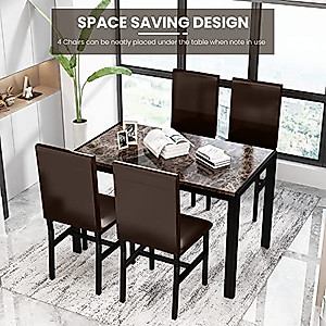 AWQM Dining Table Set for 4, Modern Kitchen Table and Chairs for 4, Faux Marble Table and 4 Upholstered Chairs with Metal Frame, Ideal for Breakfast Nook, Dining Room, Kitchen- Brown