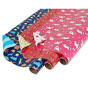 American Greetings Reversible Birthday Wrapping Paper for Kids, Dinosaurs and Unicorns (3 Rolls, 120 sq. ft)