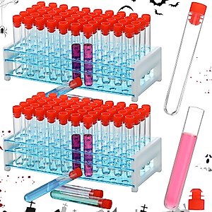 Xuhal 100 Pcs Halloween Plastic Test Tubes with Rack, 16 x 100 mm Clear Test Tubes with Caps 10 ml Test Tubes with Lids and 50 Holes Test Tube Holder for Nurse Party Decorations Party Favors