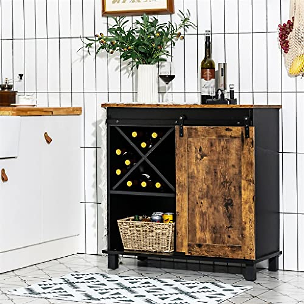 SEASD Kitchen Buffet Storage Sideboard with Sliding Barn Door Wine Rack Dining Cabinet