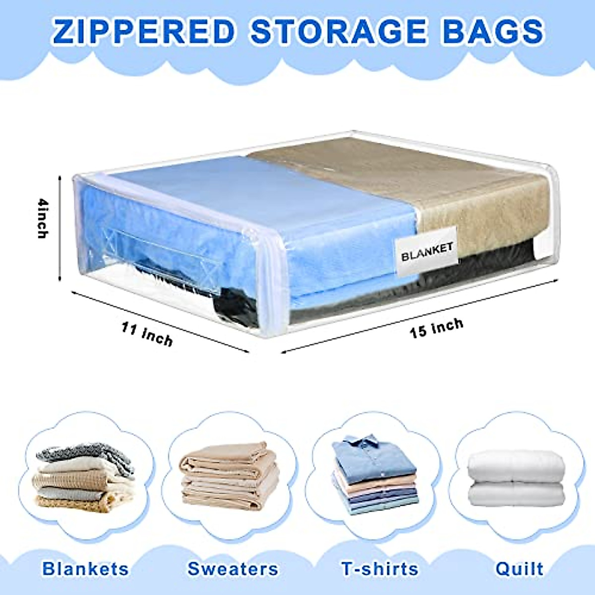 Set of 20 Clear Zippered Storage Bags Sheet Bags for Storage Sweater Storage Bags Zippered Cloth Bag with Handle Pocket for Bed Sheet Sweaters Blankets Throws Pillows Crafts, 11 x 15 x 4 Inch