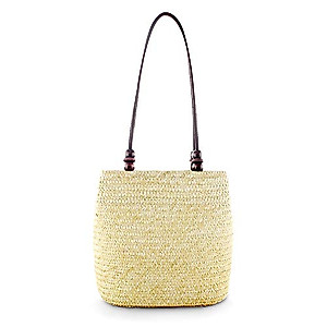 QTKJ Women Retro Bucket Straw Bag Handwoven Rattan Beach Tote Shoulder Bag with Brown Bead (Beige)