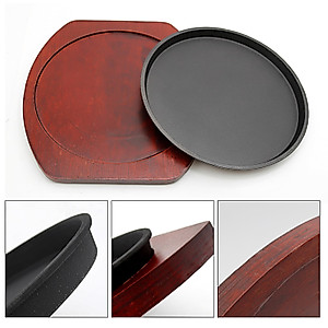 VIKKSAER 10.2" Cast Iron Steak Plate, Sizzling Plate with Wooden Base & Hot Plate Gripper, Steak Pan Grill Fajita Server Plate for Restaurant Home Kitchen Cooking Accessory