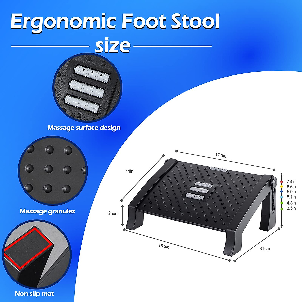 Foot Rest Under Desk ,6 Height Adjustable Foot Rest with Massage Surface, Ergonomic Foot Stool for Desk.