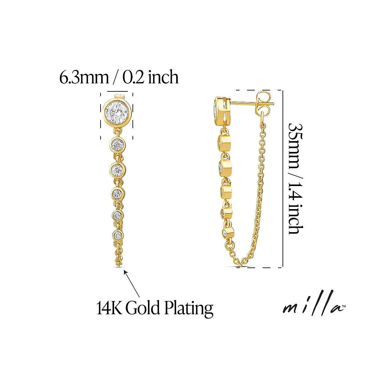 MILLA Dangle Earrings for Women - Cute Designer Earrings for Women Trendy Gold Chain Earrings & Sterling Silver Dangly Earrings (Round CZ / 14K Gold Plated)