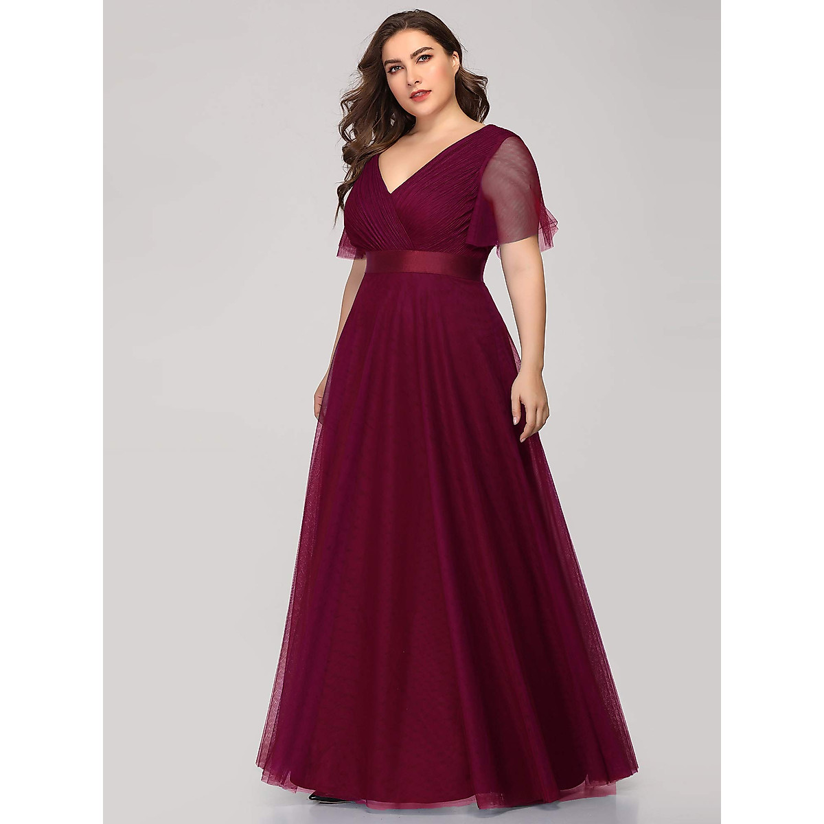 Ever-Pretty Women's Double V-Neck Empire Waist Front Wrap Plus Size Chiffon Prom Dress Burgundy US22