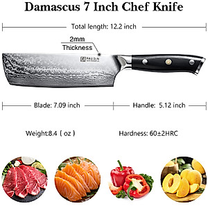 PAUDIN Nakiri Knife 7'', Damascus Chef Knife, Japanese VG-10 Stainless Steel, Kitchen Knife with G10 Full Tang Handle, Razor Sharp 67-Layer Forged Blade
