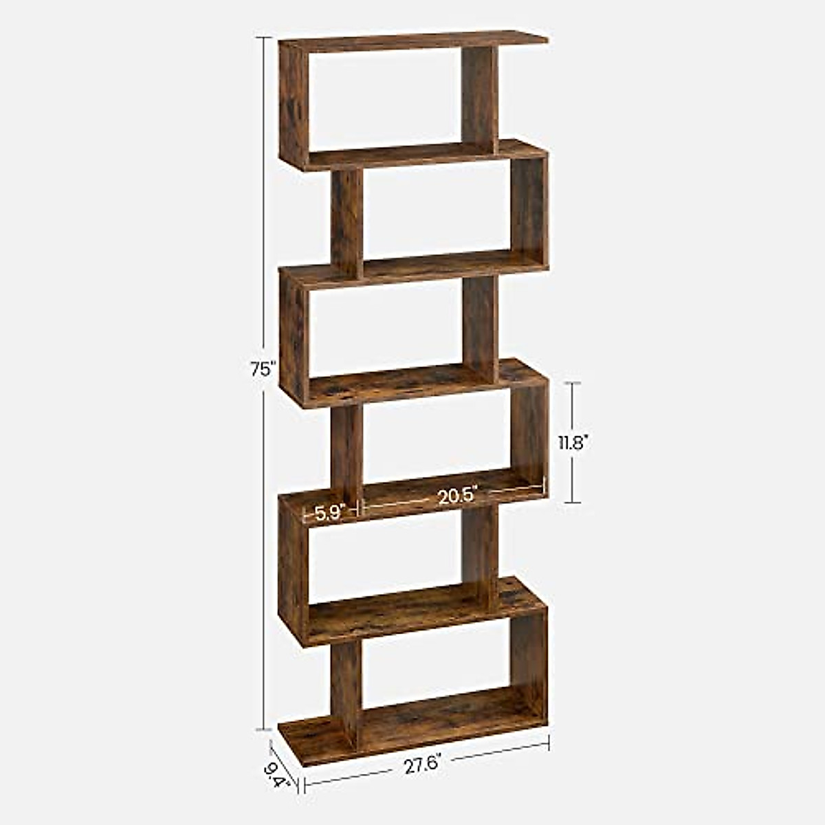 VASAGLE Bookshelf, 6-Tier Bookcase, Tall Display Shelf, Freestanding Divider, for Home Office, Living Room, Bedroom, Study, Rustic Brown