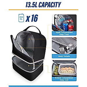 SUNLUG Large Lunch Bag Women 13.5L Double Deck Lunch Box Insulated Cooler Lunch Tote Bag Reusable Adult Lunch Bag Women for Work, Picnic, Black