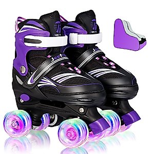 JeeFree Kids Roller Skates,Adjustable Roller Skates for Girls and Boys,Girls Roller Skates with Light up Wheels,Outdoor Quad Roller Skates for Girls (Size S: 10C-13C, Size M: 13C-3Y)