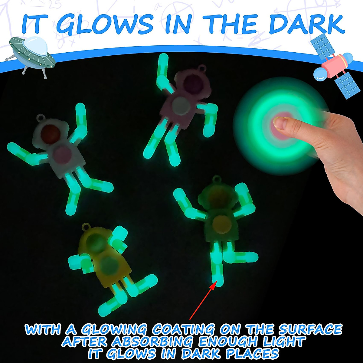 ZQFTZQ 24Pcs Pop Fidget Spinners Bulk - Deformable Astronaut Fidget Spinner Keychain Robot Gyro Fidget Spinner for Kids Adults Glow in The Dark Sensory Toys Christmas Party Favors Classroom Prizes