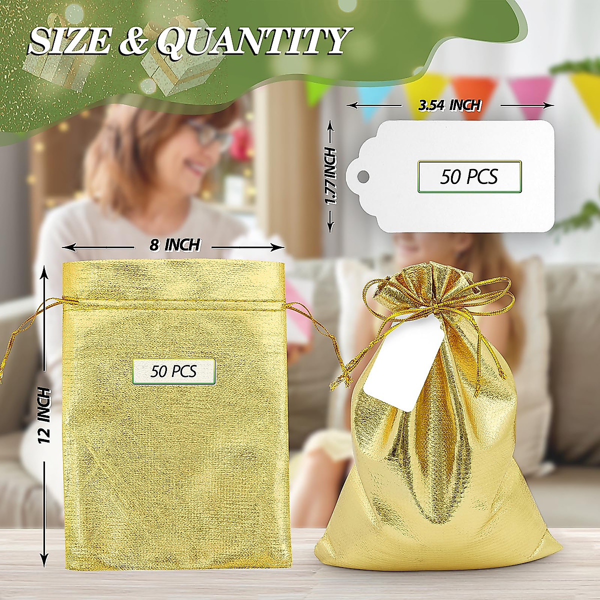 DOYIDE 50Pcs Gold Drawstring Gift Bags, 8x12in Jewelry Bags Drawstring Pouches, Shiny Wedding Party Favor Bags, Sachet Bags Empty for Birthday Party Christmas Baby Shower Candy Favors