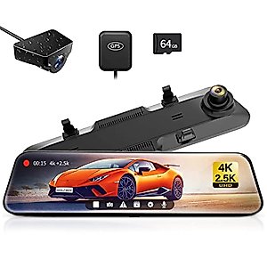 WOLFBOX Rear View Mirror Camera:Mirror Dash Cam Front and Rear 4K+2.5K for Car with 12" Full Touch Screen, Waterproof Backup WDR Camera, Night Vision, G-Sensor, Parking Assist,Free 64GB Card & GPS