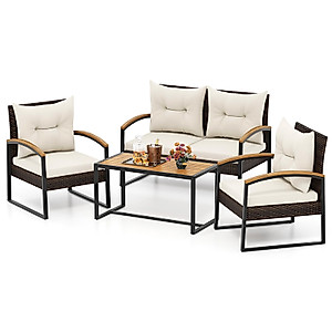Tangkula 4 Piece Patio Conversation Set, with Heavy Duty Solid Acacia Wood Armrests & Tabletop, Outdoor Cushioned Wicker Furniture Set for Backyard, Poolside, Lawn, Blacony (1, Off White)