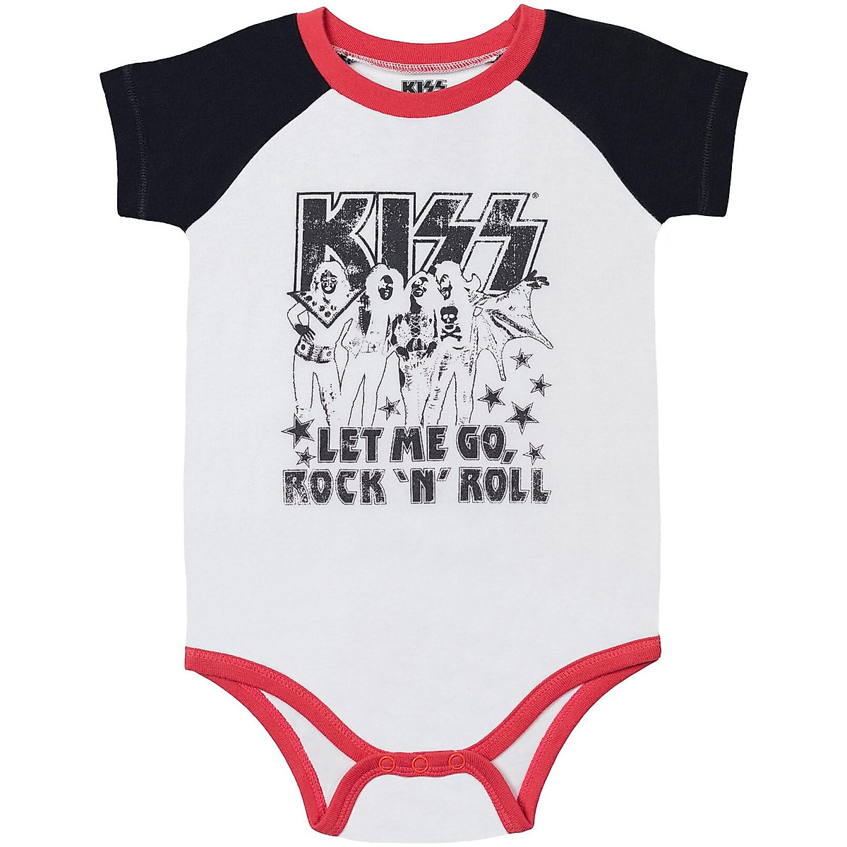 KISS Newborn Baby Boys Coverall, Bodysuit, French Terry Shorts and Bib 4 Piece Rock Outfit Set Red/White/Black 6-9 Months