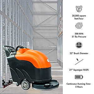 SUNMAX RT50 Walk-behind Floor Scrubber Dryer Machine, 22" Cleaning Width, 31" Suction Width, 14.5-gal Sewage Tank, 200 RPM, Complete Set of Parts