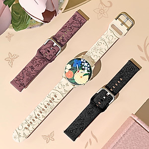 3 Pack Flower Engraved Bands Compatible with Samsung Galaxy Watch 7 6 5 4 FE Active 2 40mm 44mm,Watch 6 4 Classic 42mm 43mm 46mm 47mm,5 Pro 45mm,Watch 3 41mm,20mm Women Silicone Replacement Sport Band