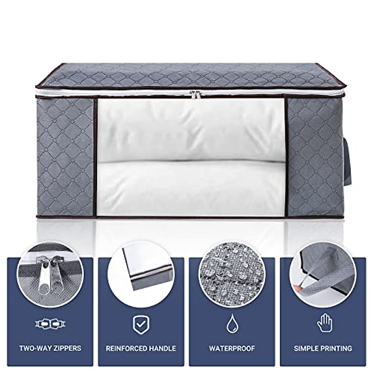 DOOOB 3 Pack Blanket Storage Bag, 50L Clothes Storage Bags for Comforter, Bedding - Foldable Clothing Storage Organizer with Reinforced Handle & Zippers for Closet and Underbed Storage (Light grey)