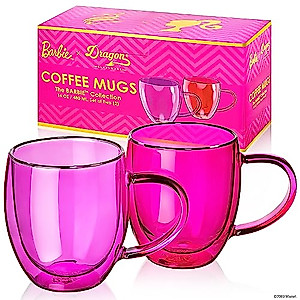 Dragon Glassware x Barbie Glass Coffee Mugs, Pink and Magenta Double Wall Insulated Cups, Keeps Beverages Hot or Cold Longer, 16 oz Capacity, Set of 2