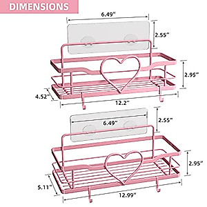 FLCITY Sweet Heart Shower Caddy with 4 Hooks, 2pcs No Drilling Self Adhesive Shower Organizer Shelf, Stainless Steel Bathroom Shower Shelf, Rustproof Shower Rack for Bathroom Kitchen Storage