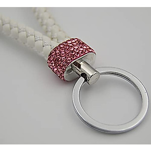Classic Braided Leather Keychain with Synthetic Bling Crystal Diamond Circle O Ring for Women and Girls