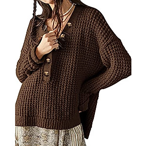 Womens V Neck Button Down Henley Sweater Long Sleeve Knit Pullover Sweaters Casual Side Slit Solid Color Jumper Tops