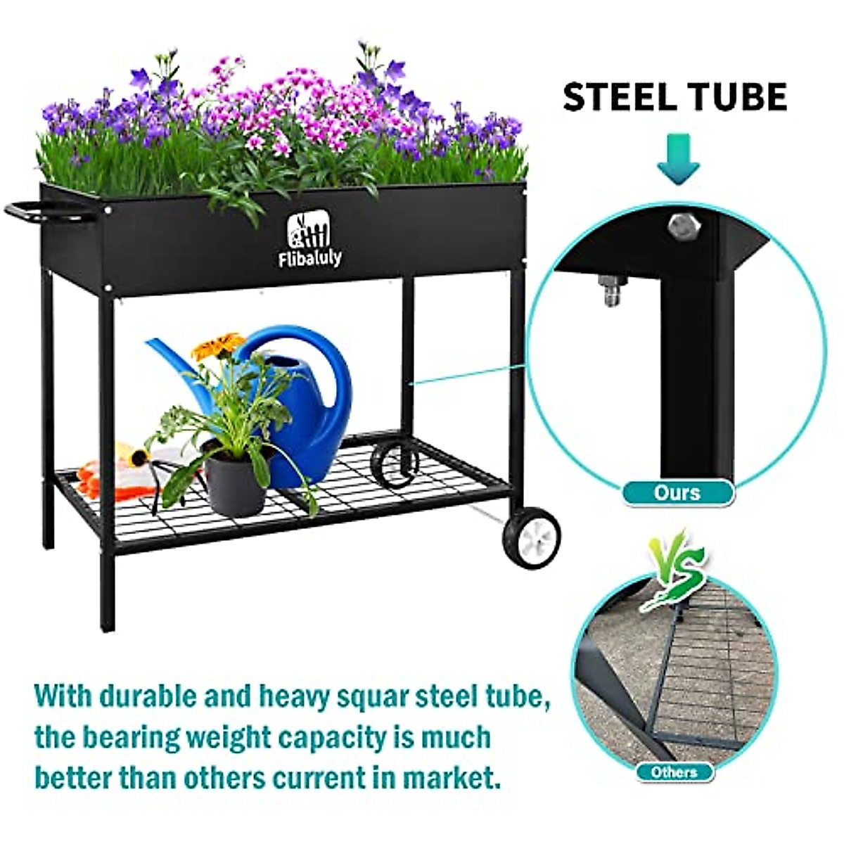 Flibaluly Raised Garden Bed with Wheels Metal Mobile Elevated Planter Box with Bottom Shelf for Storing Tools,for Vegetables Herbs Flowers(Black)