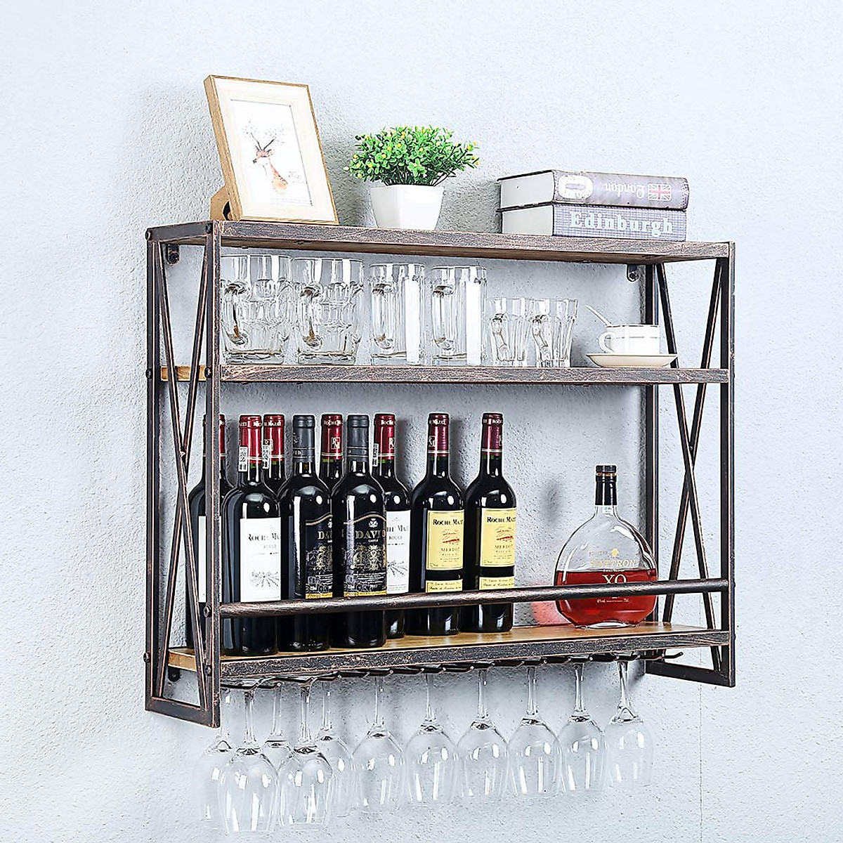 GWH Industrial Wine Rack Wall Mounted - (3 Tier - 31.5in - Black Brush Red Coper), Easy to Install , Hanging Wine Rack, 100% Pine Solid Wood, Galvanized Steel
