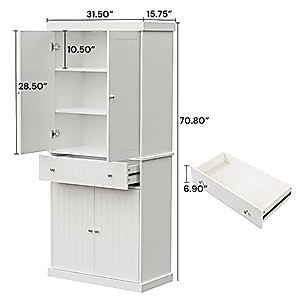 SunsGrove Kitchen Pantry Storage Cabinet, 71" Traditional Freestanding Kitchen Pantry Cupboard with Doors and Adjustable Shelves, Tall Storage Cabinet for Kitchen, Living Room, Dining Room, White