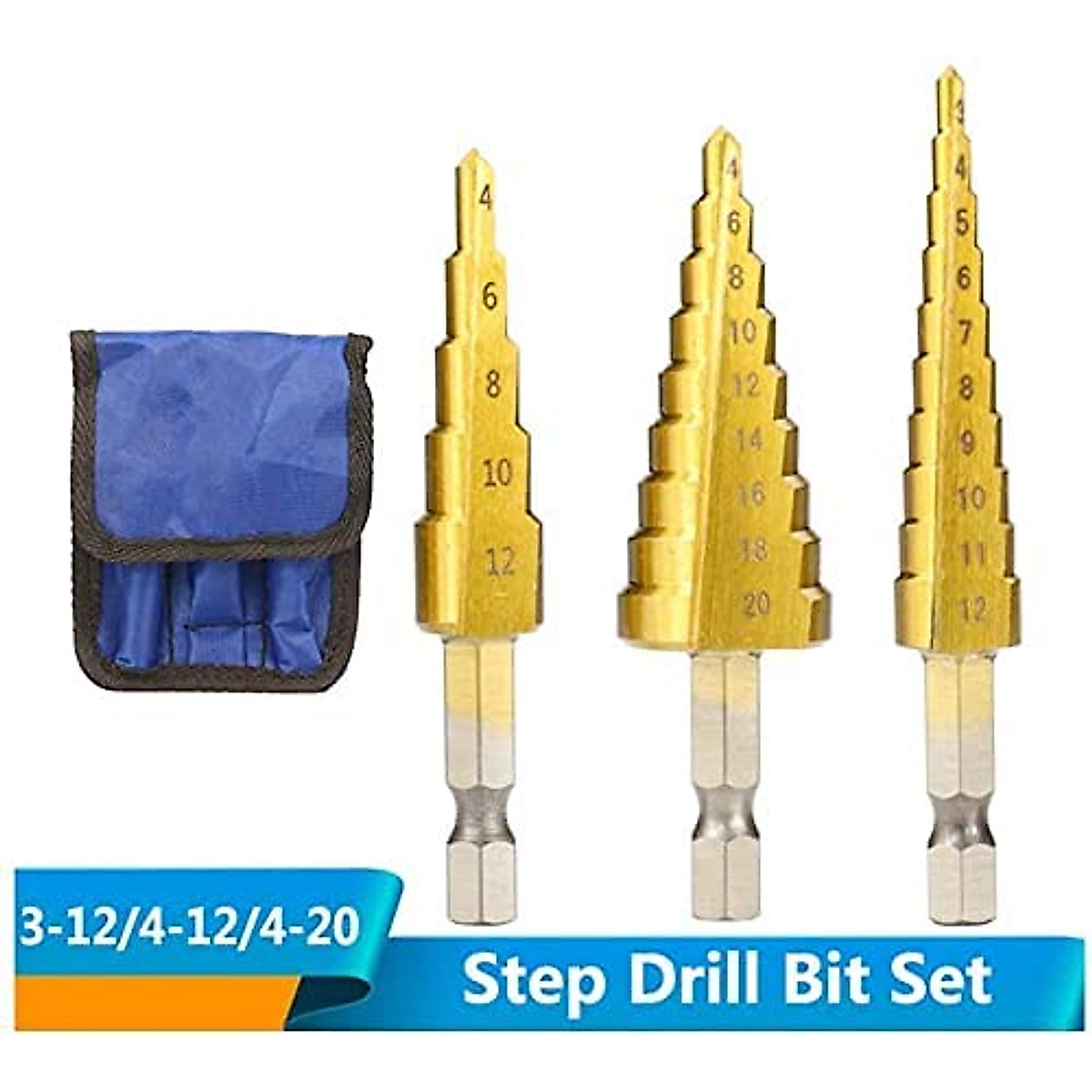 3PCS Titanium Uni Step Drill Bit Set,Sizes 3-12mm 4-12mm 4-20mm