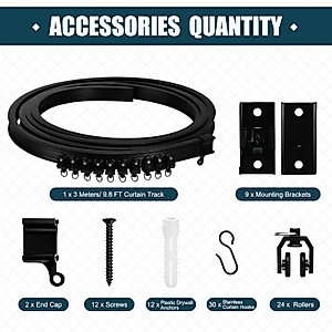 Curved Ceiling Curtain Track Bendable Mount for Curtain Rail Bunk Bed Bay Window Room Divider Flexible Straight (9.8 Feet/ 3 Meters, Black)