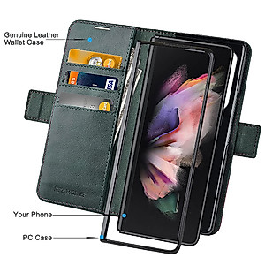 KEZiHOME Genuine Leather Wallet Case for Samsung Galaxy Z Fold 3 5G, RFID Blocking, Card Slots, Flip Kickstand Phone Cover (Navy Blue/Brown)