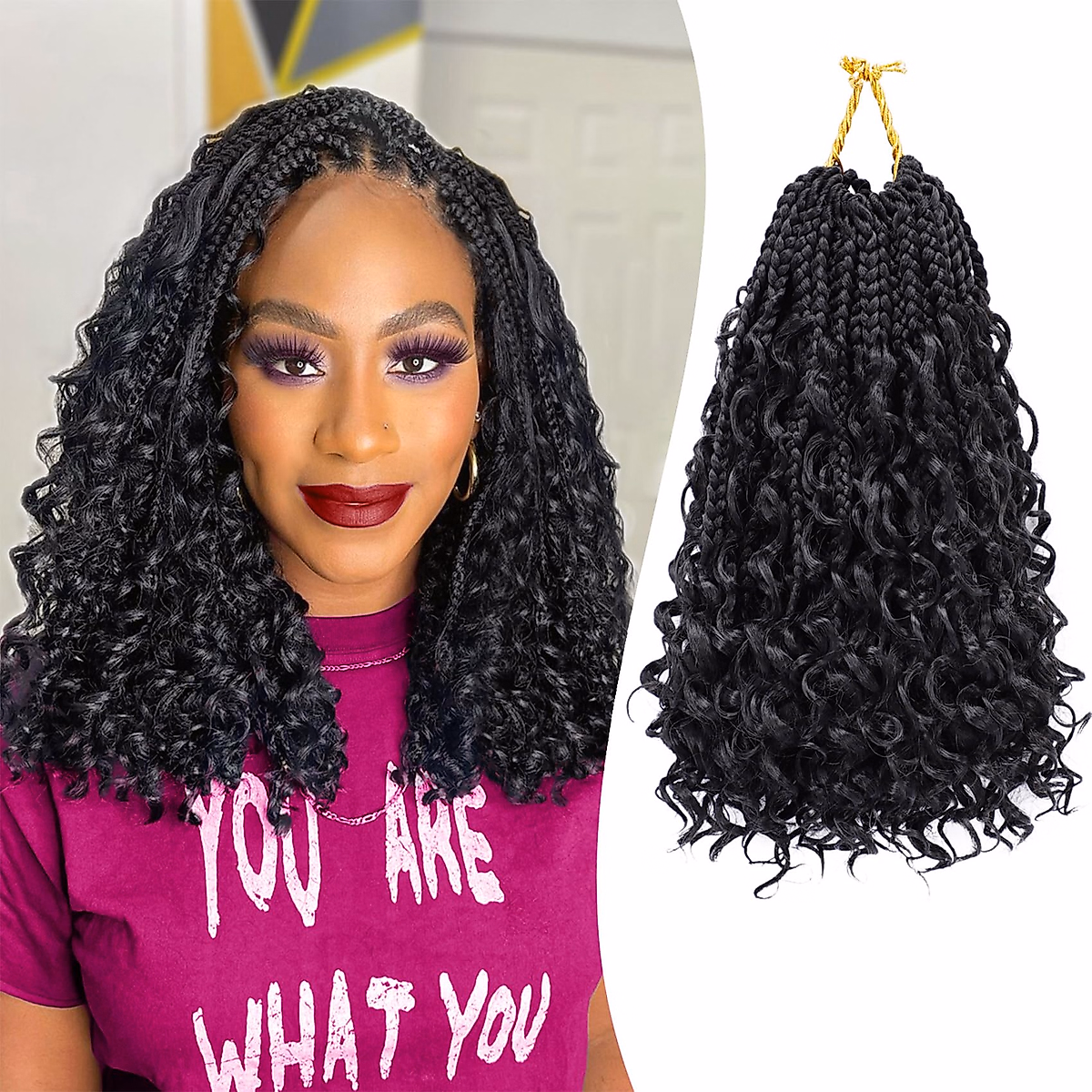 8 Packs Goddess Box Braids 10 Inch Pre-looped Bohemian Crochet Boho Box Braids With Curly Ends 3X Crochet Braids Hair for Women Synthetic Braiding Hair 16 Strands (#1B)