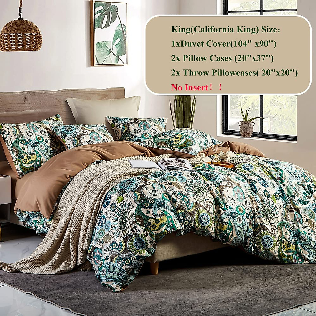 CinYana Paisley Floral Duvet Cover King Vintage Style Duvet Cover Set 5 PCS Boho Bedding Set Green Duvet Cover Set(Green,King/California King)