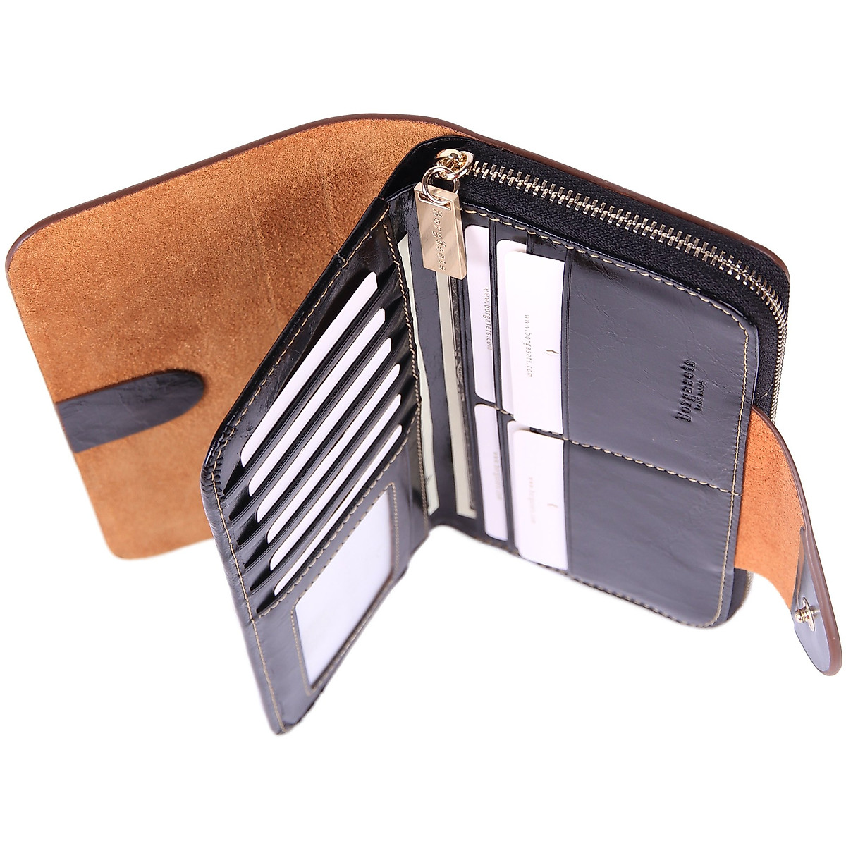 Borgasets RFID Blocking Large Capacity Wax Real Leather Clutch Wallet Card Holder Purse for Women, Black