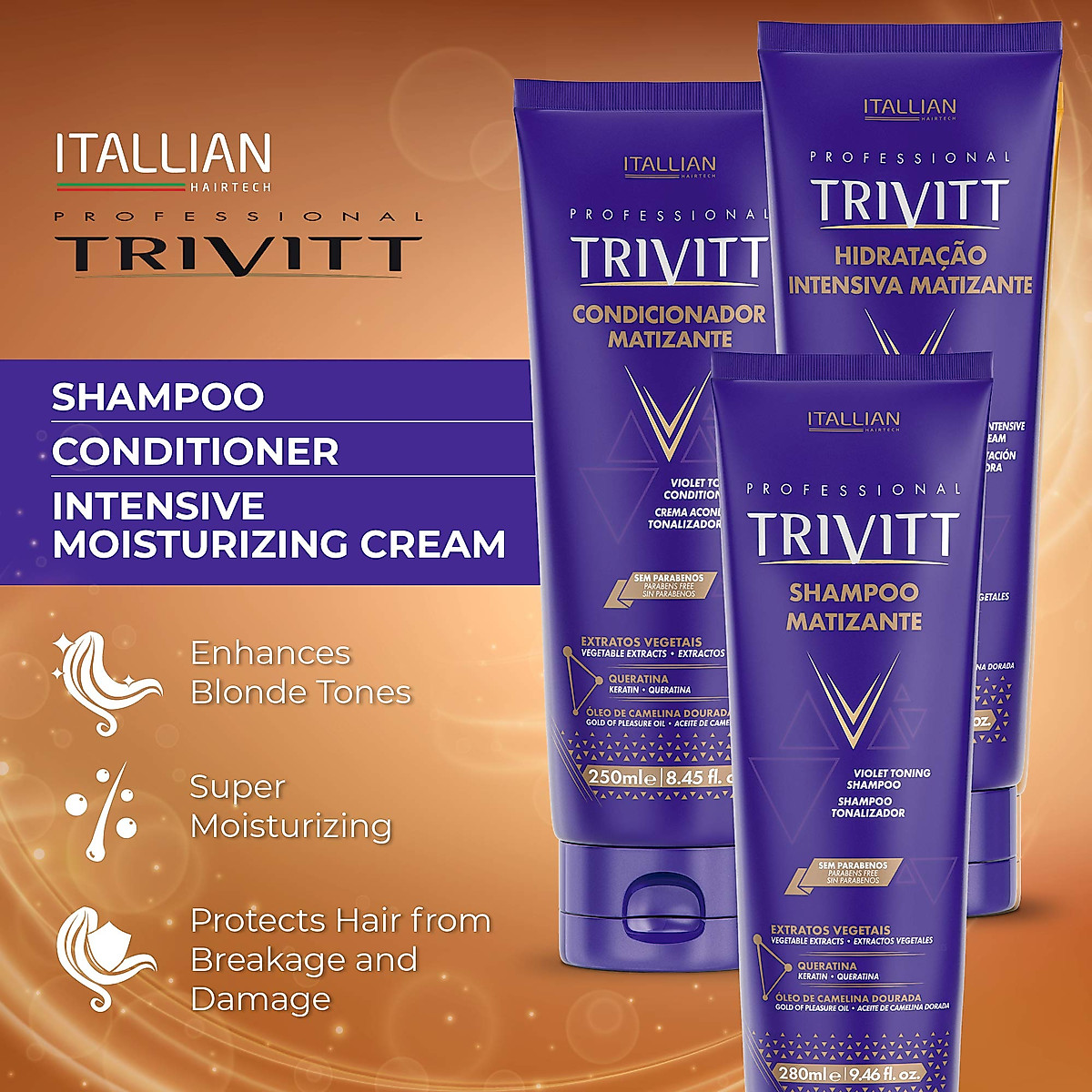 3 Piece Violet Toning Kit for Blonde Hair - Shampoo 280ml, Conditioner Cream 250ml, Intensive Moisturizing Cream 250ml for Advanced Hydration and Repair - Professional Trivitt by Itallian Hairtech