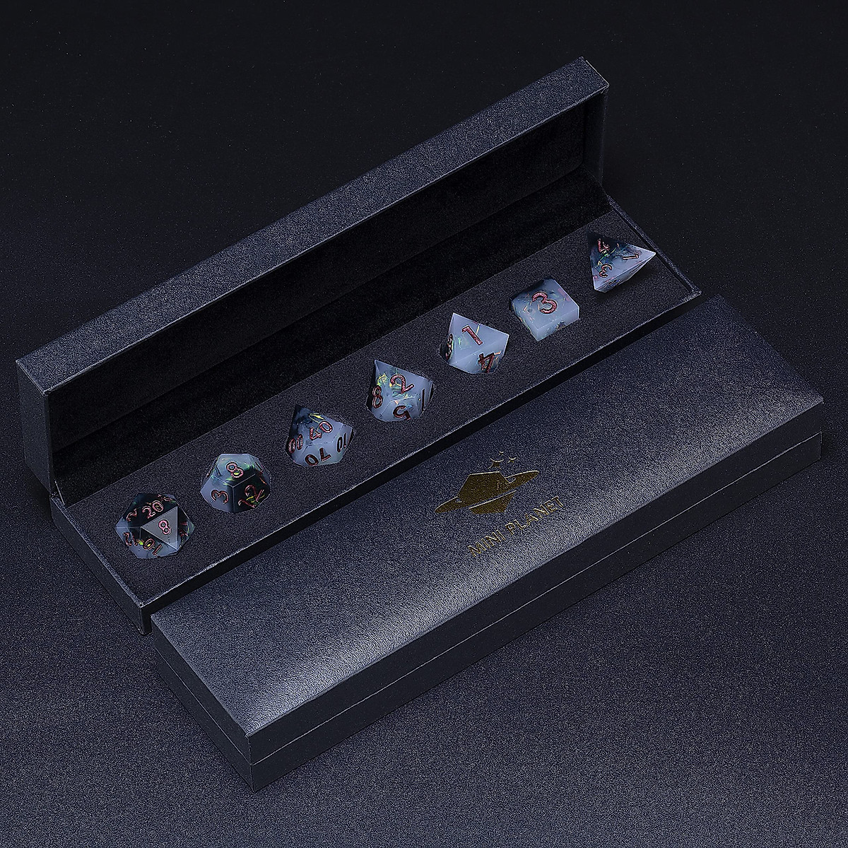 DND Dice Sharp Edge Dice Polyhedral Dice Mini Planet Dice Dungeons and Dragons Dice Handmade Dice Set Peachy Galaxy (Dark Knight)