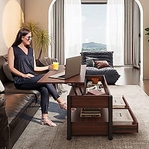 Osfvolr Lift Top Coffee Table, Coffee Table with Storage Drawers and Adjustable Metal Legs, Vintage Wood Living Room Tables with Hidden Compartment and Open Shelf, Espresso