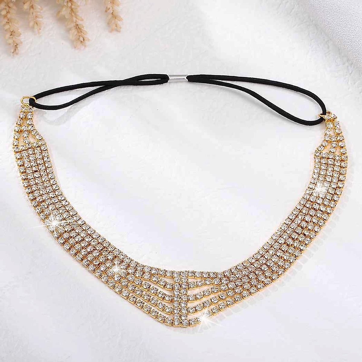 Aularso Gold Head Chain Rhinestone Head Jewelry Elastic Layered Headpiece Wedding Crystal Headbands Chain for Women (Gold)