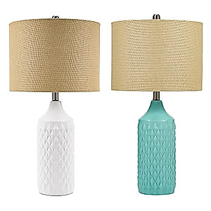 Catalina 19970-000 Cassie Quilted Ceramic Table Lamp with Linen Drum Shade, 26.5", Classic Aqua Blue