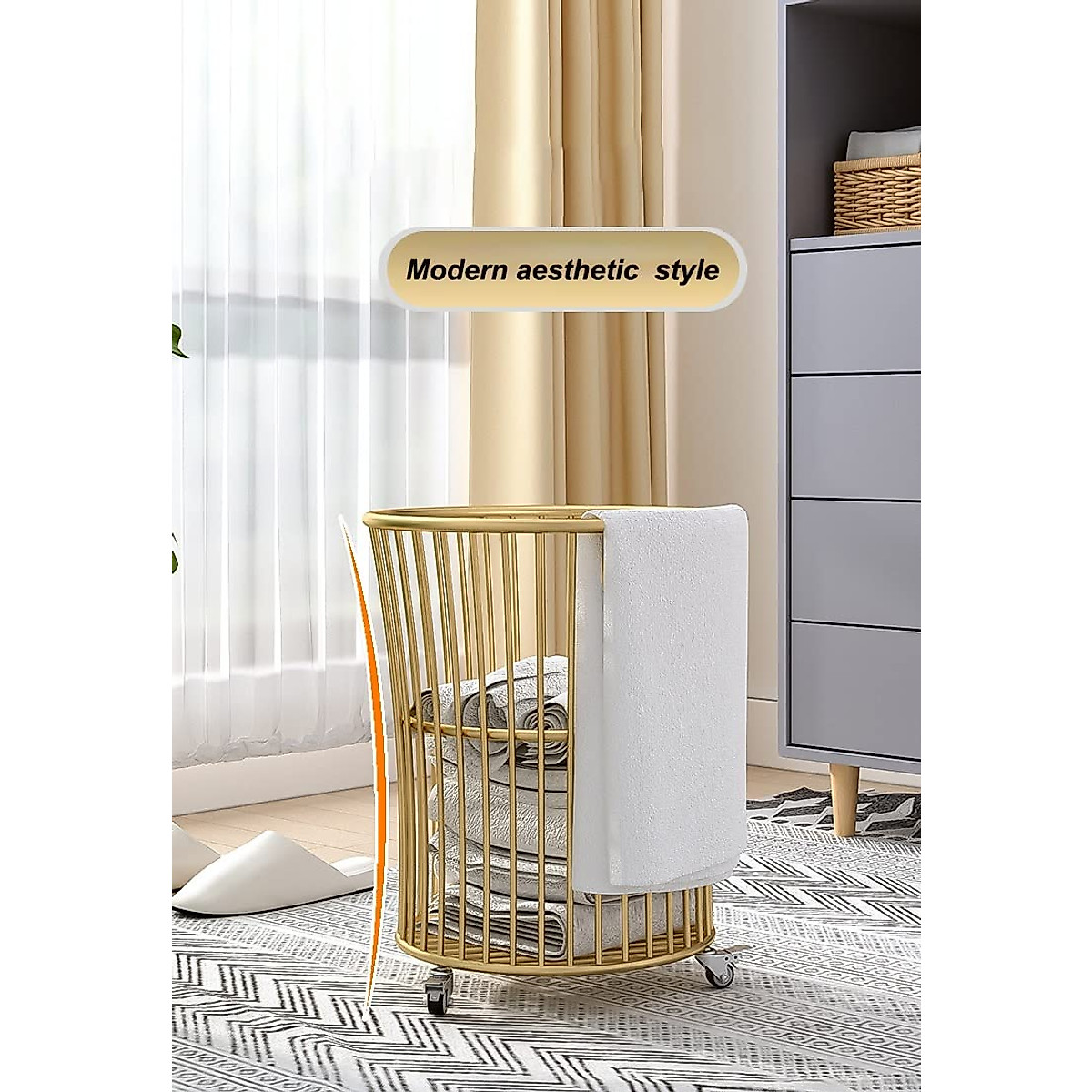 Rolling Laundry Hamper with Wheels,Metal Cart Basket Clothes Storage Organization Bin for Living Room,Bathroom,Bedroom or Kids Bedroom,Gold