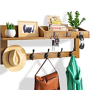 Coat Rack Wall Mount with Shelf, Wall Mounted Coat Rack with Shelf, 24 in Coat Hanger Wall Mount, Wooden Hanging Entryway Shelf with Hooks for Backpack, Bag, Purse, Large Key and Mail Holder for Wall