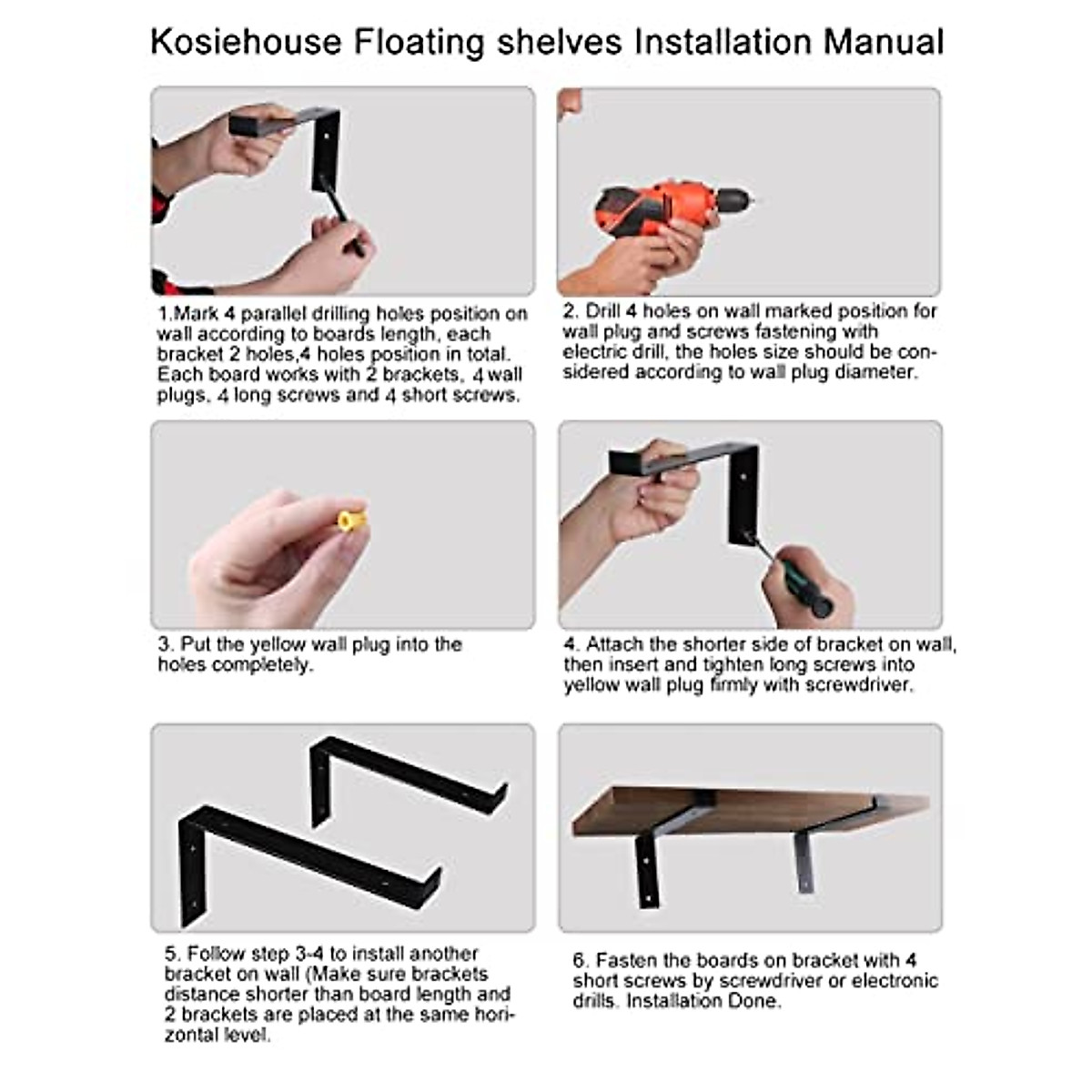 Kosiehouse Rustic Wood Floating Shelves, Wall Mounted Shelf Hanging Wall Decorative Shelves Display Ledge Storage Rack for Bathroom, Kitchen, Bedroom, Living Room - Set of 3 (Downward Bracket)